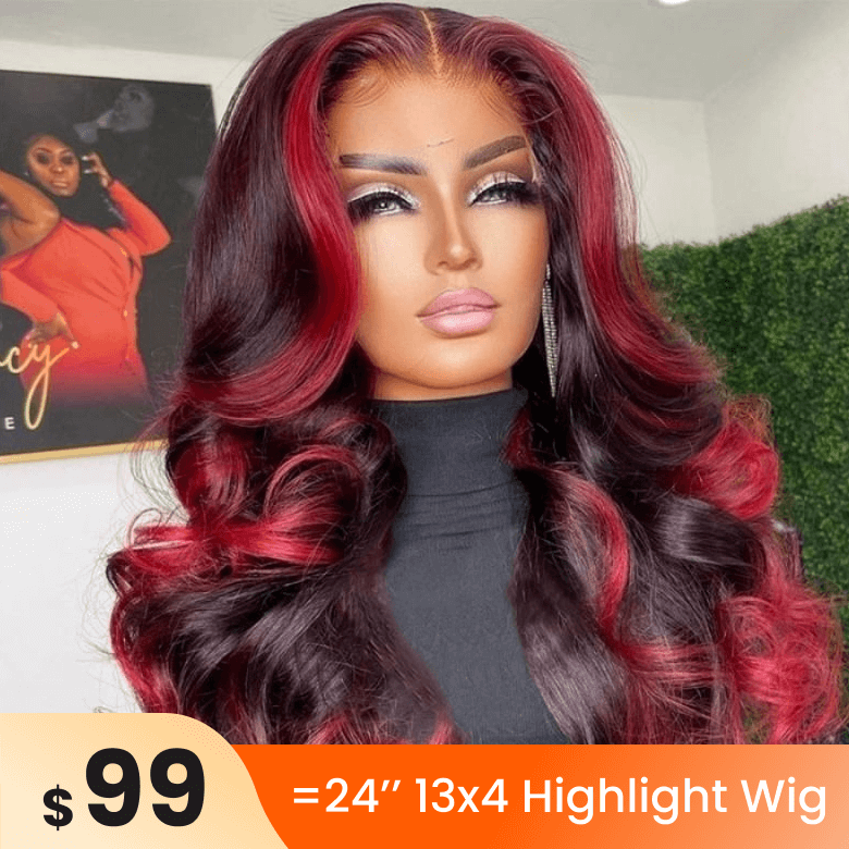 Julia Hair Red Wine Highlight Loose Wave Lace Front Wig Highlight Human ...