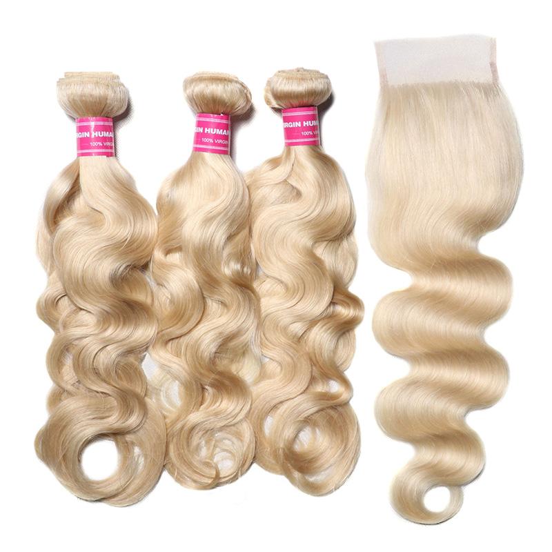 Glossy Light 613 Blonde Human Hair Bundles With Closure